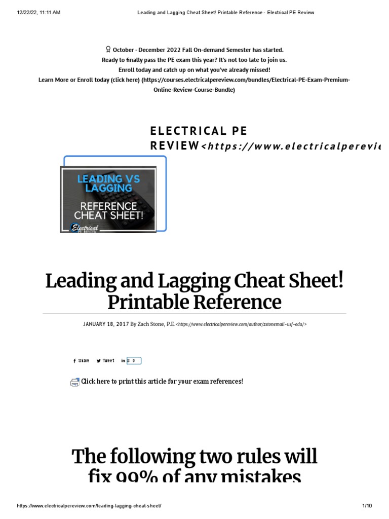 Leading and Lagging Cheat Sheet! Printable Reference - Electrical PE ...