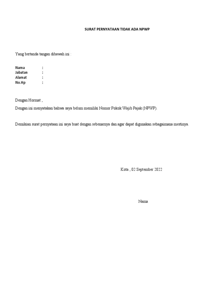 Contoh Surat Pernyataan Tidak Ada NPWP | PDF