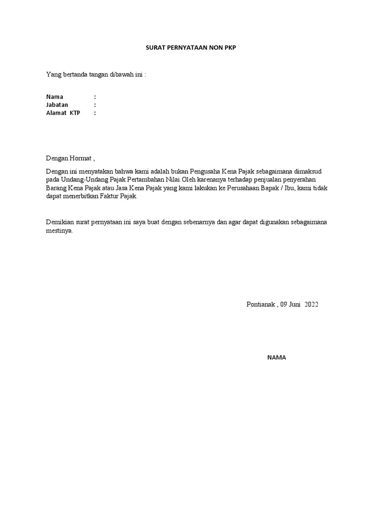Contoh Surat Pernyataan Non PKP | PDF