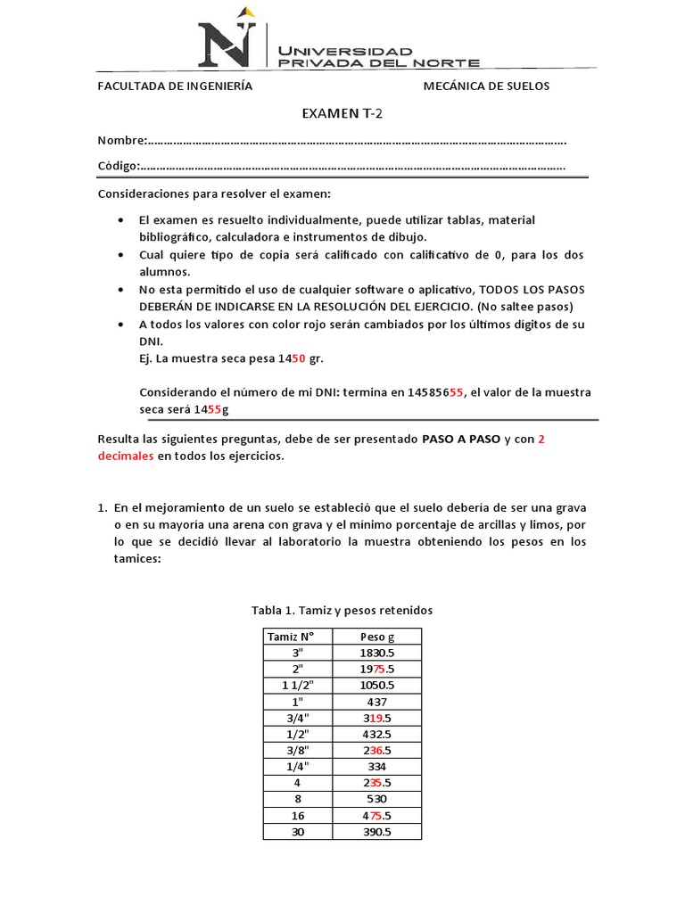 EXAMEN T-2 INGENIERÍA MECÁNICA SUELOS | PDF | Ciencia del suelo | Materiales naturales