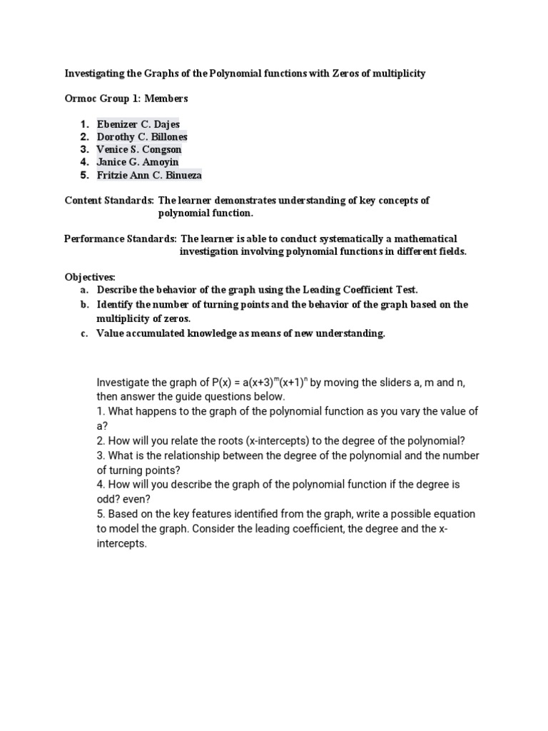 Investigating The Graphs of The Polynomial Functions With Zeros of Multiplicity | PDF