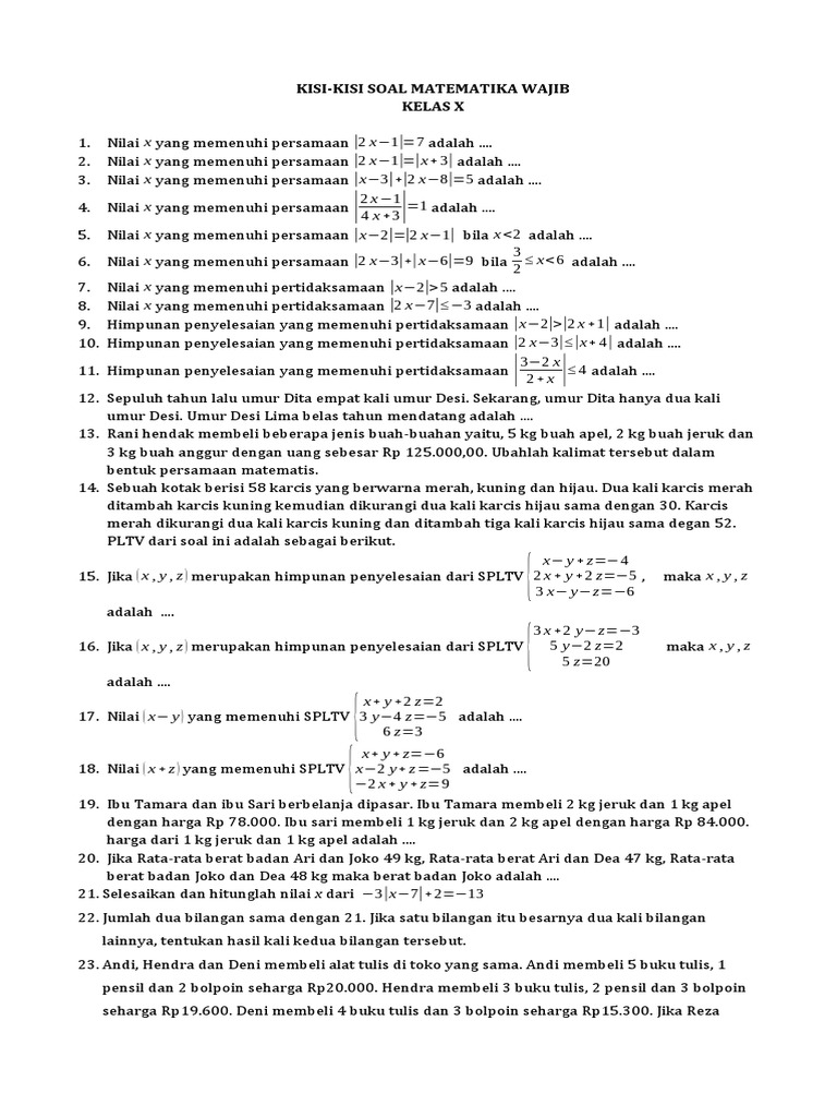 Kisi-Kisi Soal Matematika Kelas X | PDF | Metode & Bahan Ajar