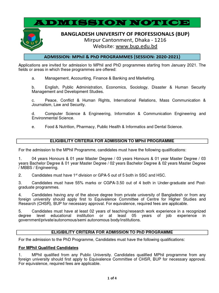 MPhil - PHD Admission Notice 2020-2021 | PDF | Academic Degree | Doctor Of Philosophy
