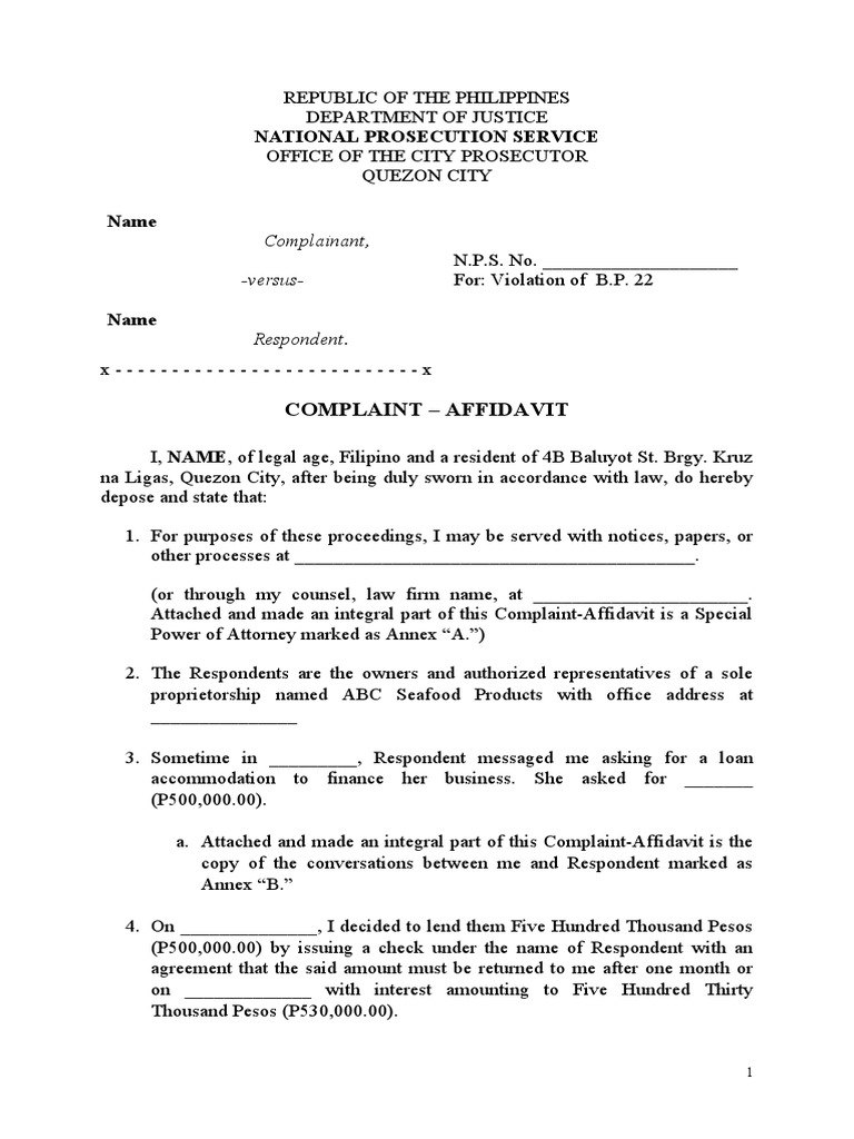 Sample Complaint Affidavit For BP22 | PDF | Cheque | Banks