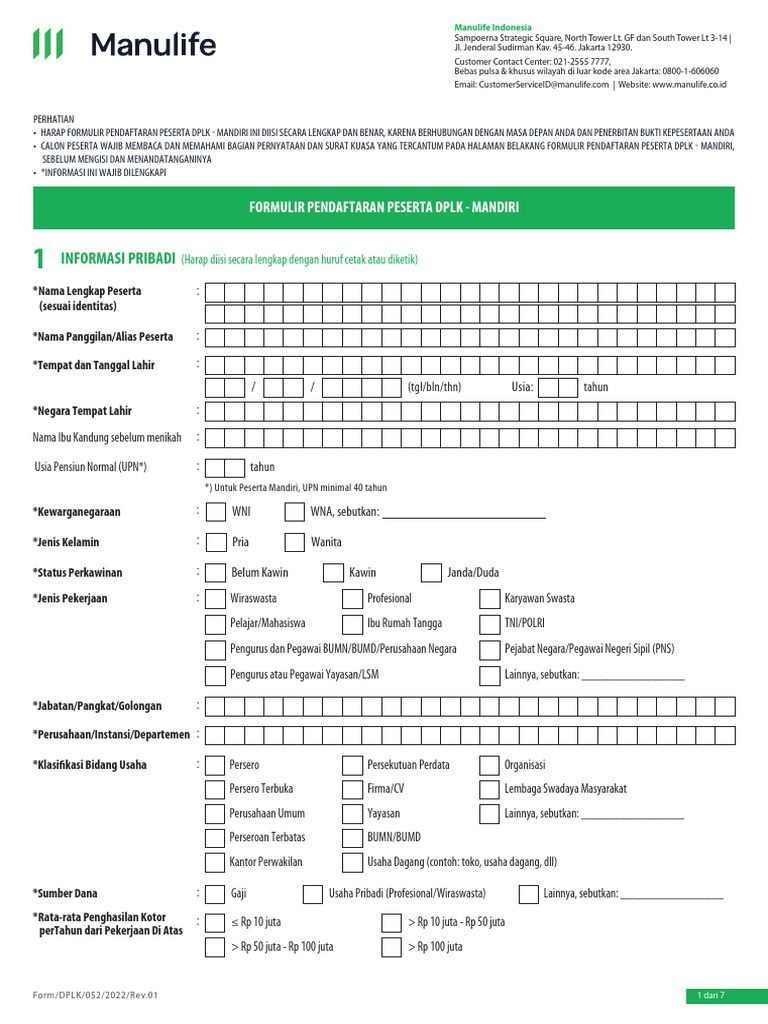 Formulir Pendaftaran Peserta DPLK - Mandiri | PDF