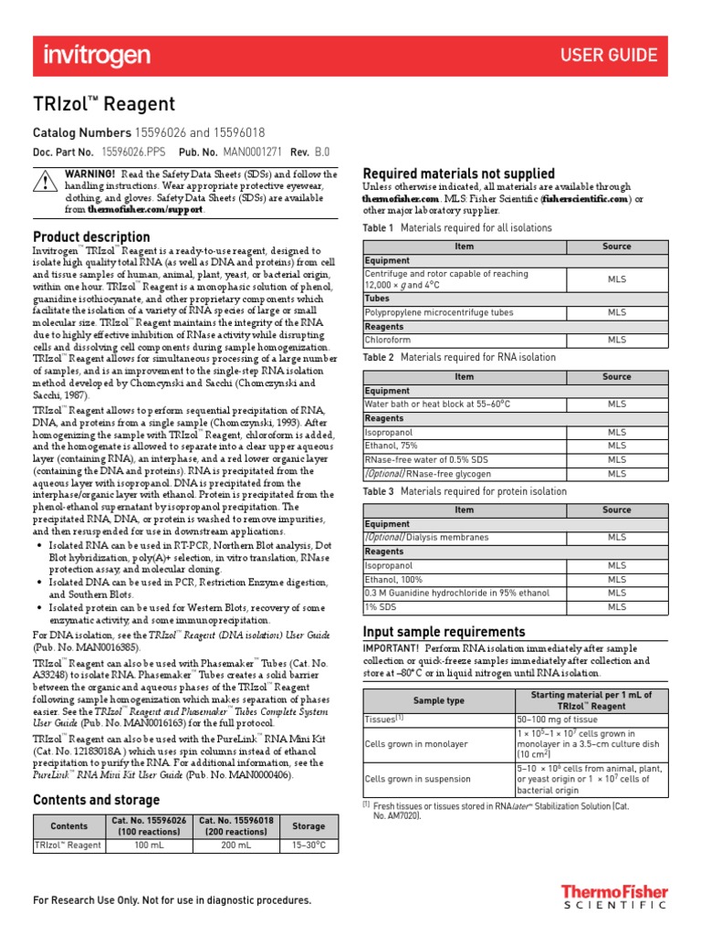 Trizol Reagent | PDF | Precipitation (Chemistry) | Laboratories