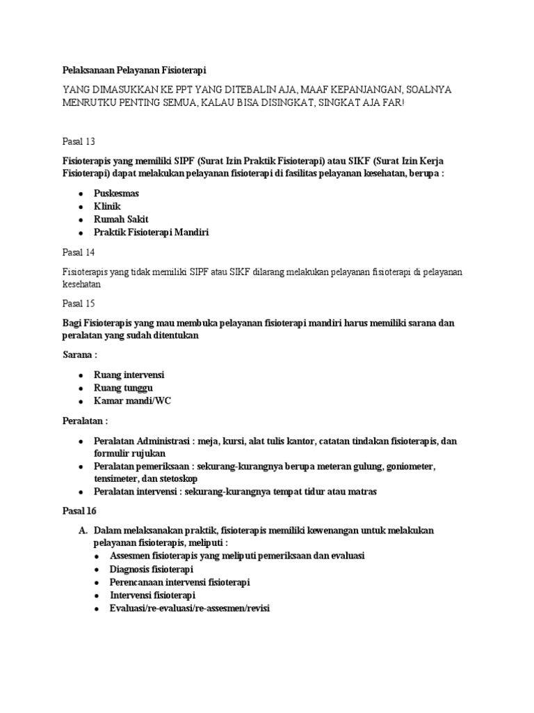 Pelaksanaan Pelayanan Fisioterapi | PDF