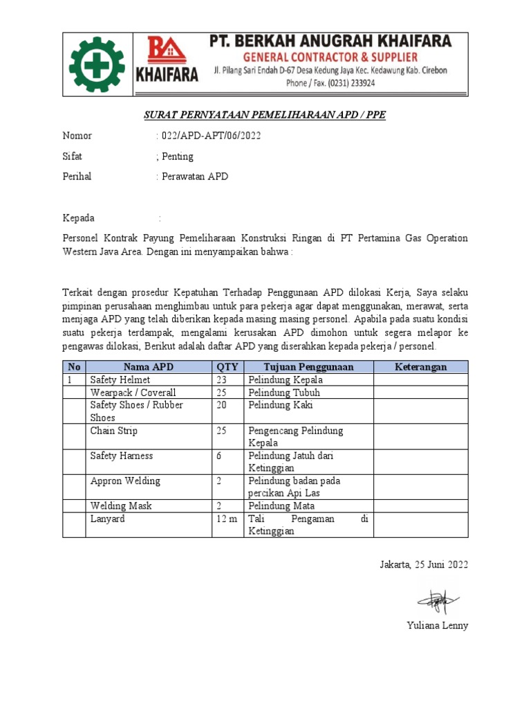 Surat Pernyataan Pemeliharaan Apd | PDF