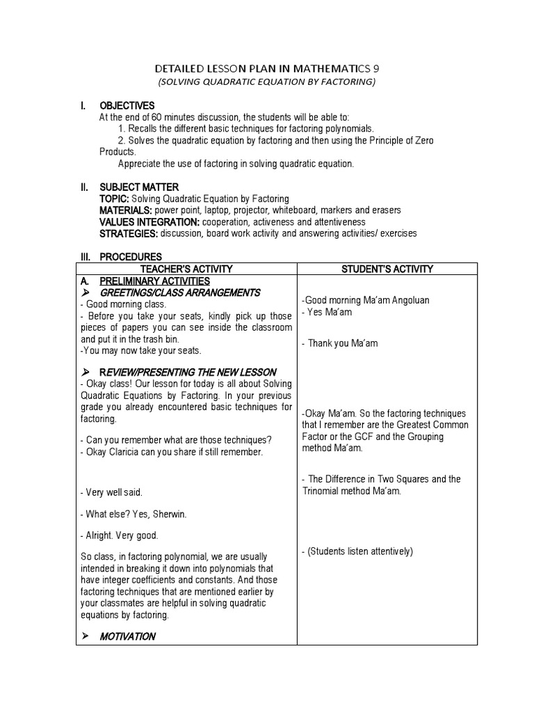 Detailed Lesson Plan in Mathematics 9 | PDF | Factorization | Equations