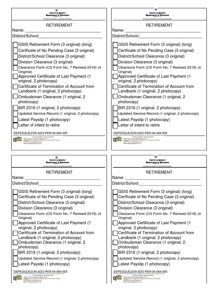 DepEd Quezon Retirement Requirements | PDF | Philippines | Government