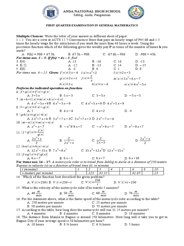 General Mathematics First Quarter Examination | PDF | Function (Mathematics) | Speed