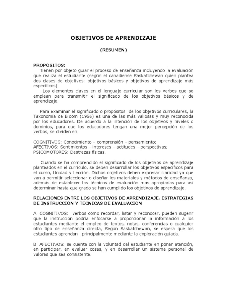 Objetivos de Aprendizaje | PDF | Aprendizaje | Evaluación