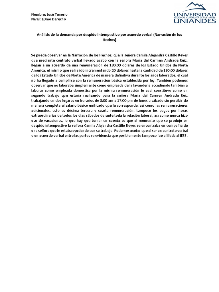 Análisis de La Demanda Por Despido Intempestivo Por Acuerdo Verbal | PDF