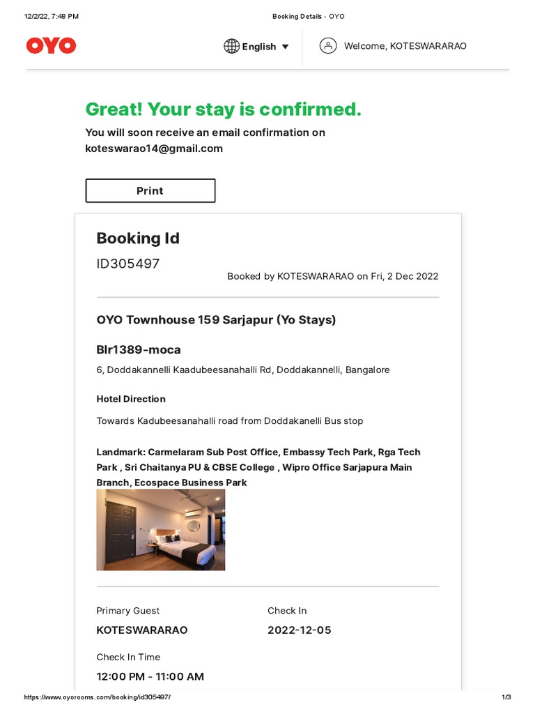 Booking Details - OYO | PDF