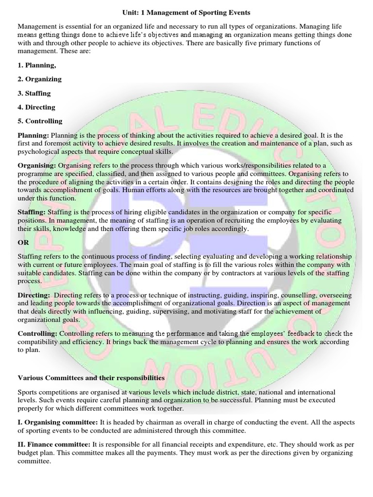 Unit I. Management of Sporting Events - Class-12 | PDF | Tournament | Human Resources