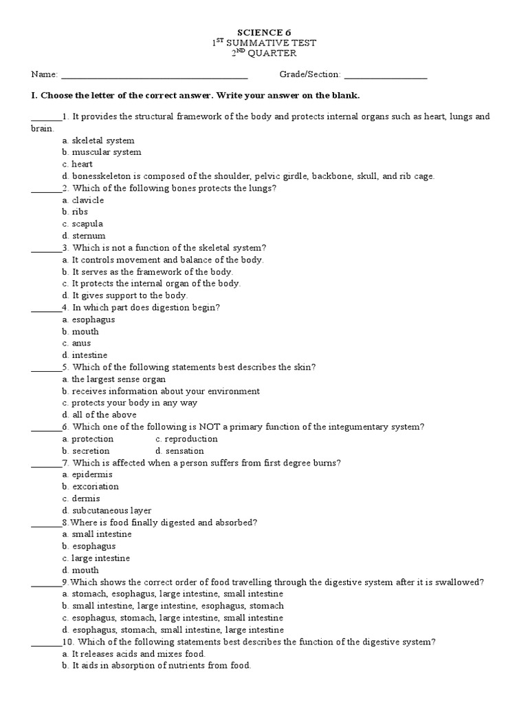 Science6 ST1 Q2 | PDF | Integumentary System | Gastrointestinal Tract