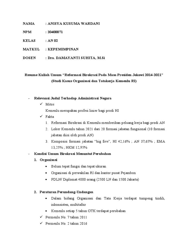 Resume Kuliah Umum - Anisya Kusuma Wardani-20400071-An 02 | PDF