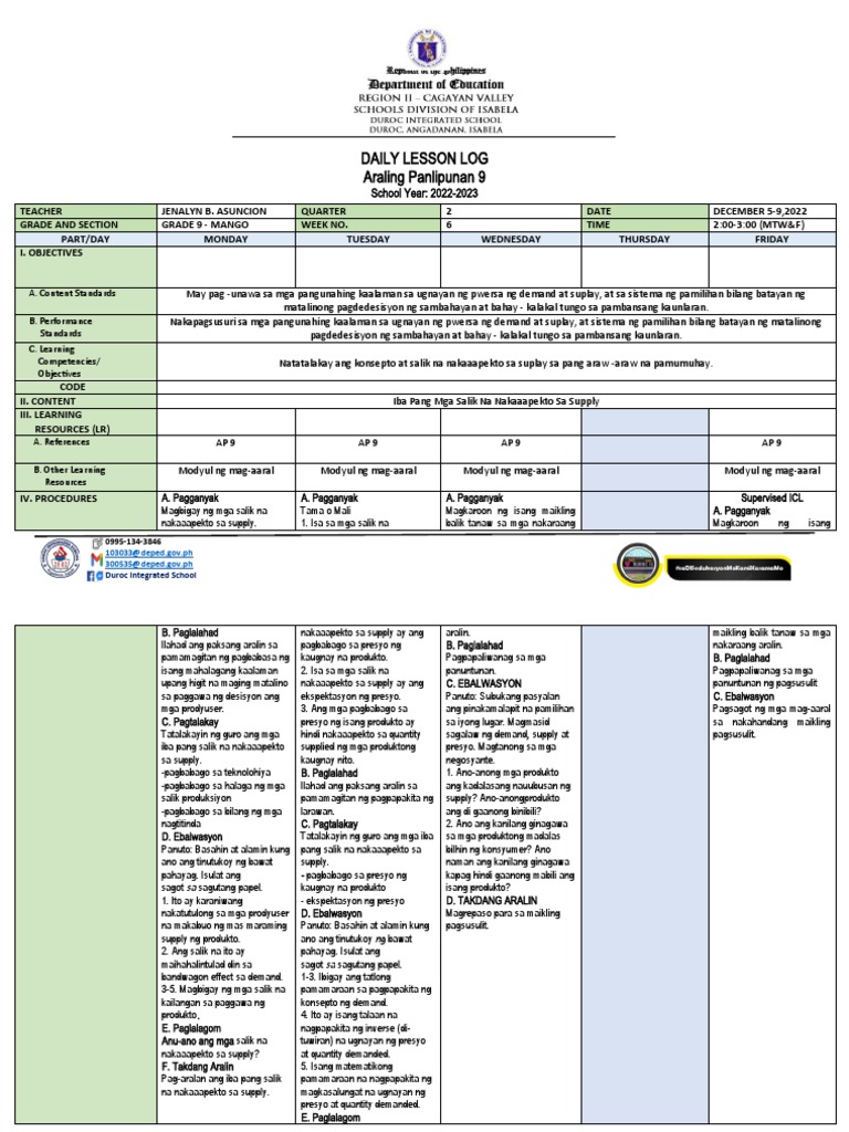 Daily Lesson Log Araling Panlipunan 9: School Year: 2022-2023 | PDF