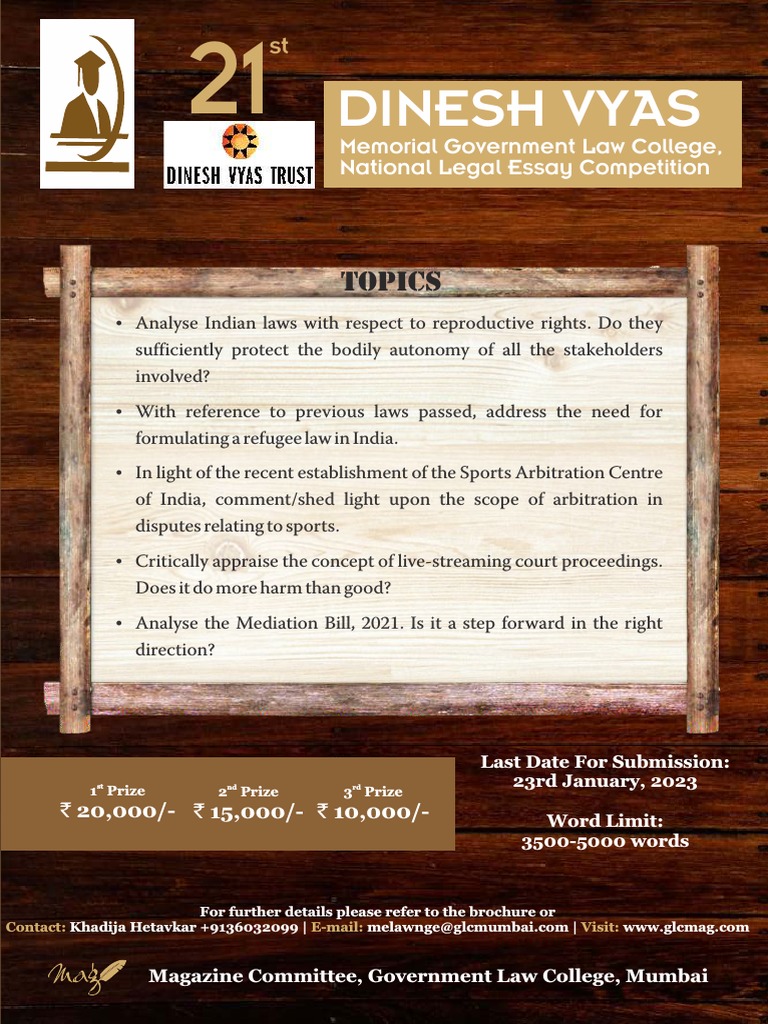 Dinesh Vyas Memorial GLC National Legal Essay Writing Competion 2021 22 | PDF