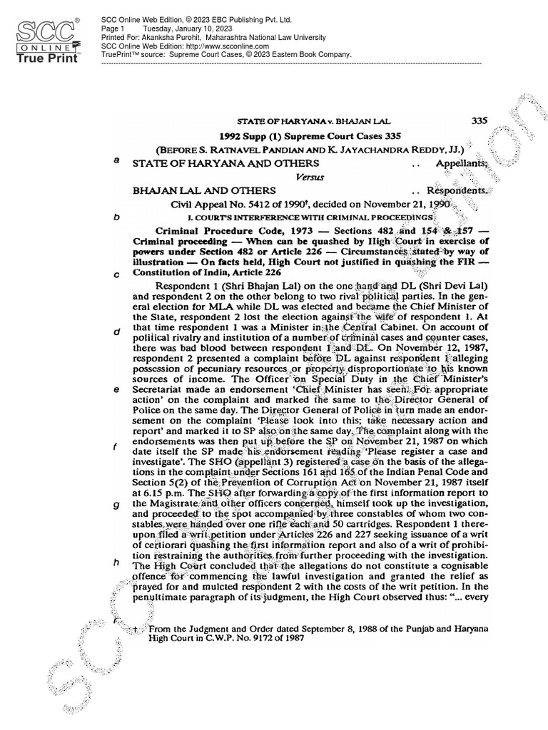 State of Haryana v. Bhajan Lal | PDF