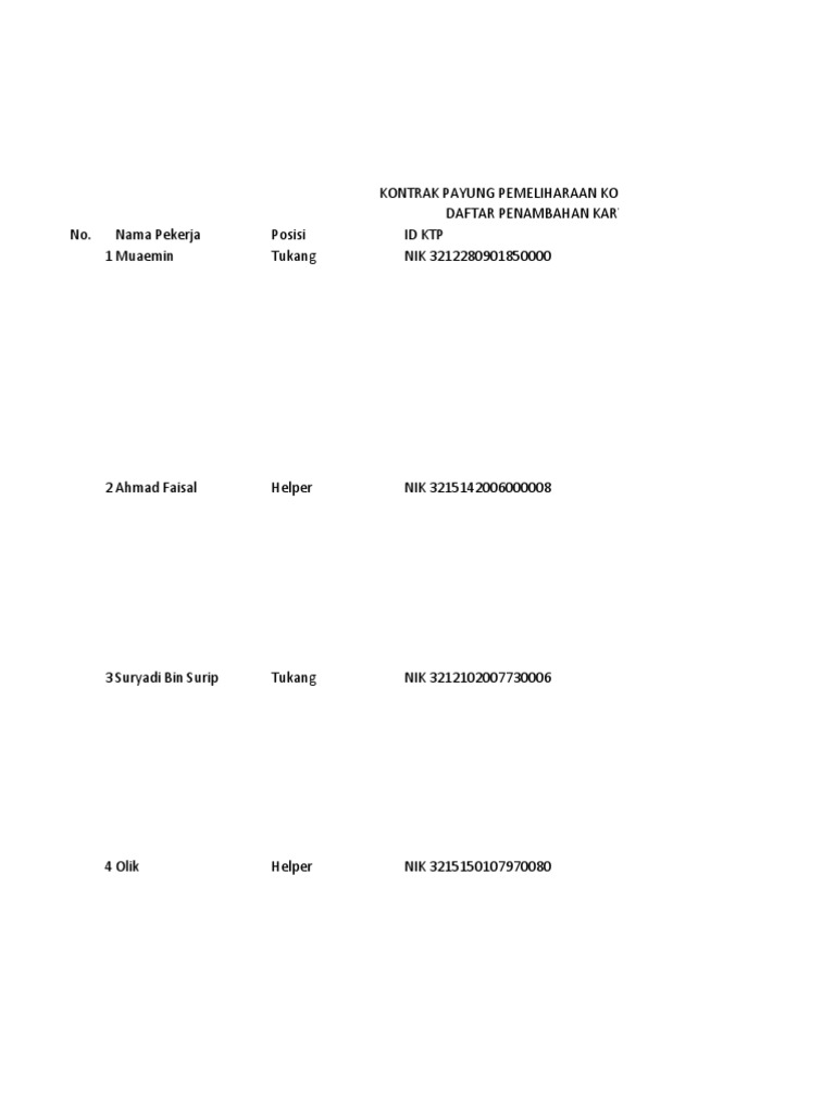Data KTP Pekerja Tambahan | PDF