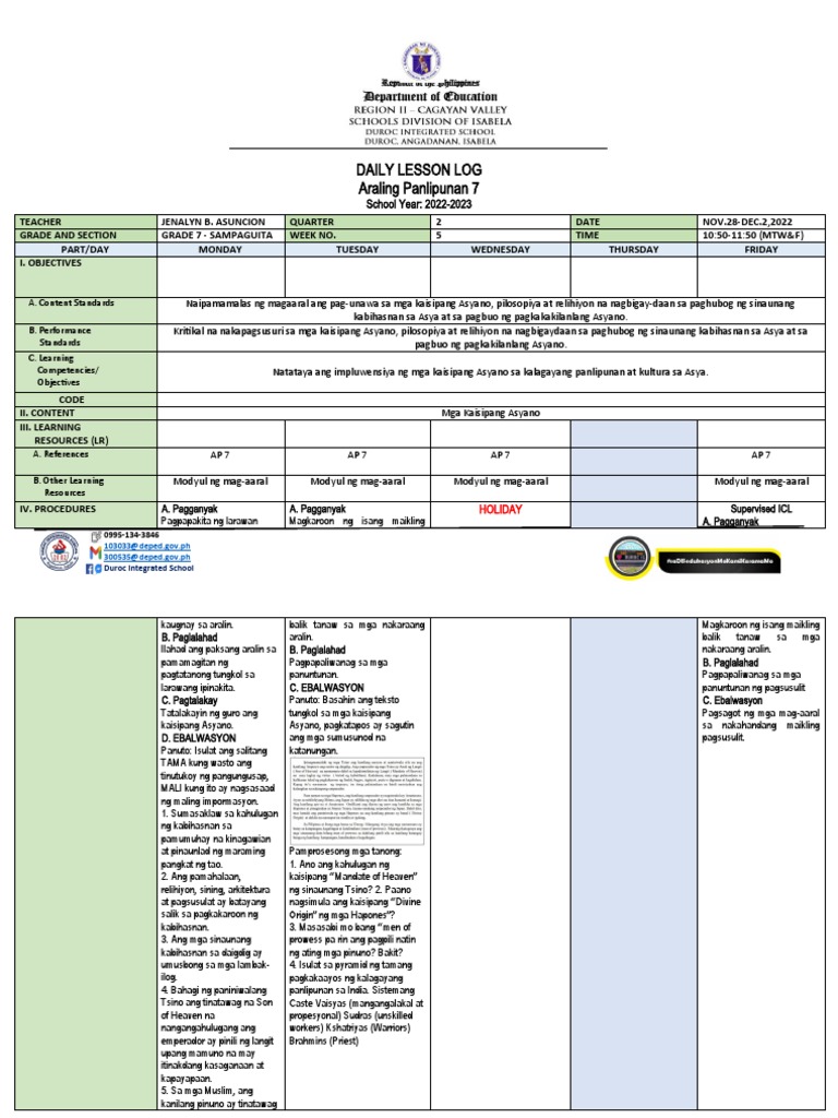 Daily Lesson Log Araling Panlipunan 7: School Year: 2022-2023 | PDF