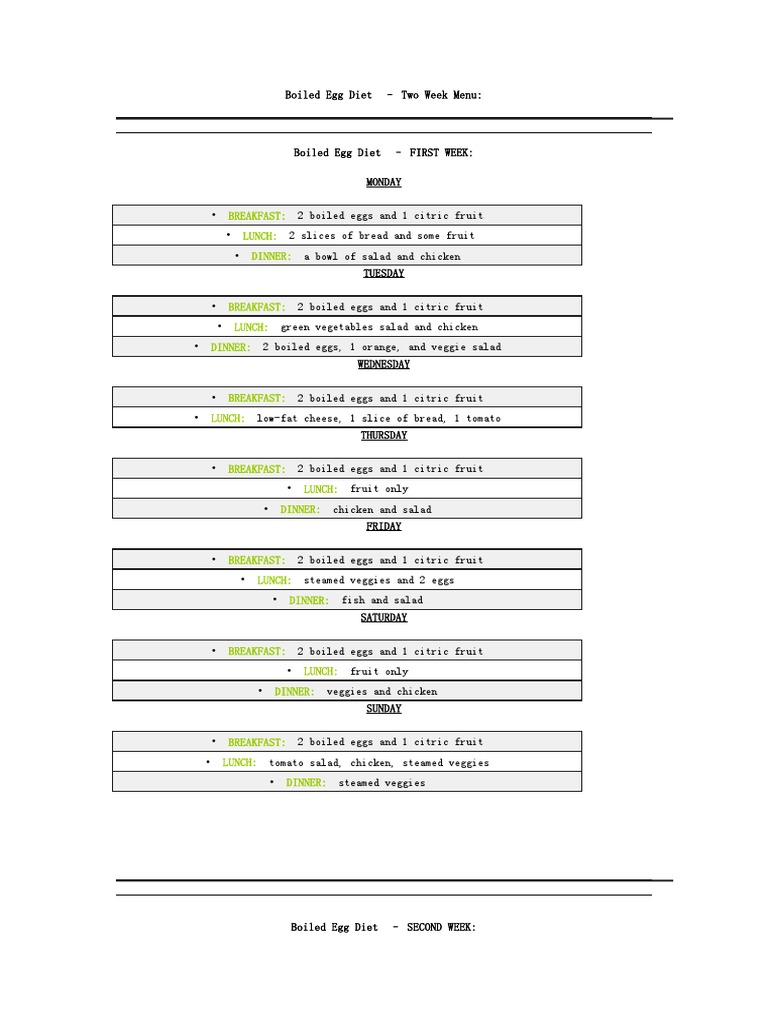 Boiled Egg Diet - Two Week Menu | PDF | Lunch | Salad
