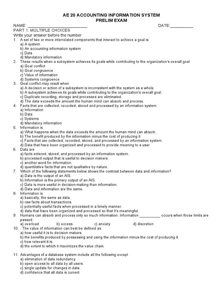 AE 20 Prelim Exam | PDF | Audit | Information System