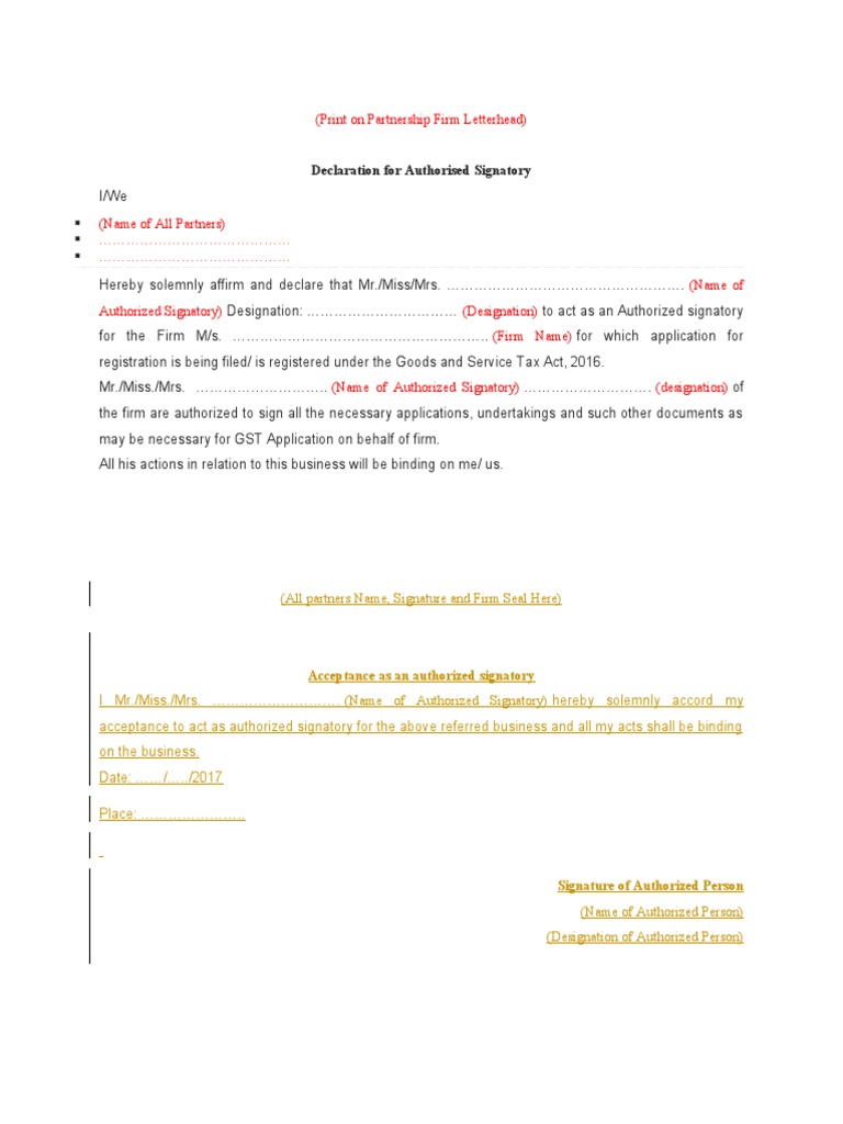 GST Declaration For Authorised Signatory Authorisation Letter Format | PDF