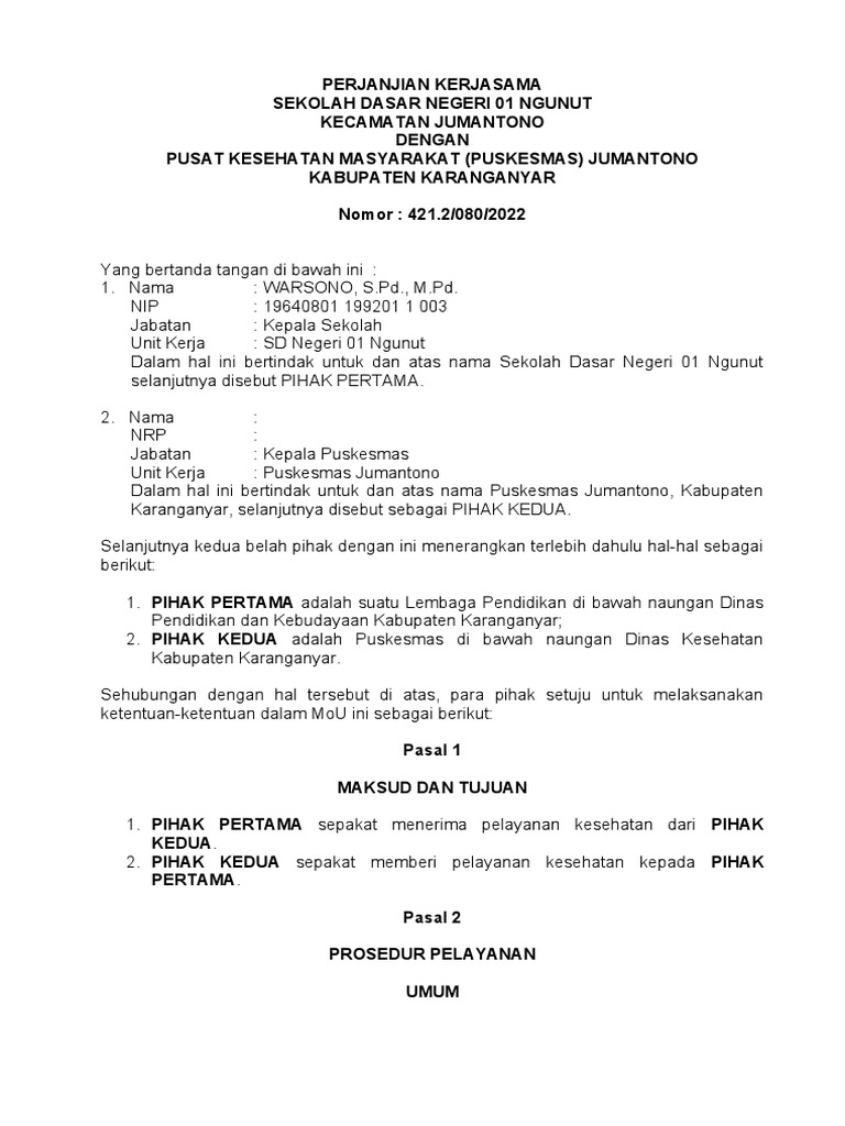 Surat Perjanjian Kerjasama Dengan Puskesmas Pdf