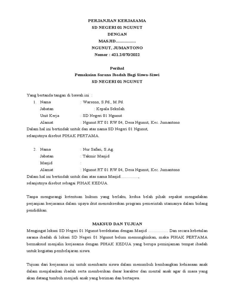 Surat Perjanjian Kerjasama Dengan Takmirul Masjid | PDF