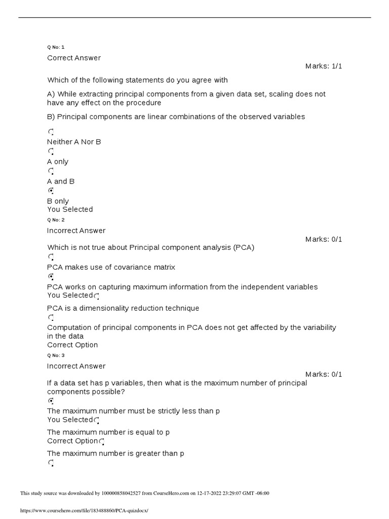 PCA Quiz | PDF | Principal Component Analysis | Algorithms PCA Quiz | PDF | Principal Component Analysis | Algorithms