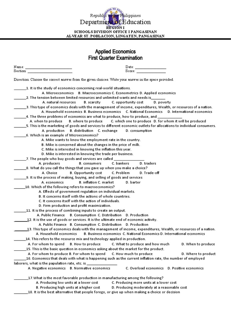 1st-Quarter-Exam Applied Economics | PDF | Economics | Elasticity ...