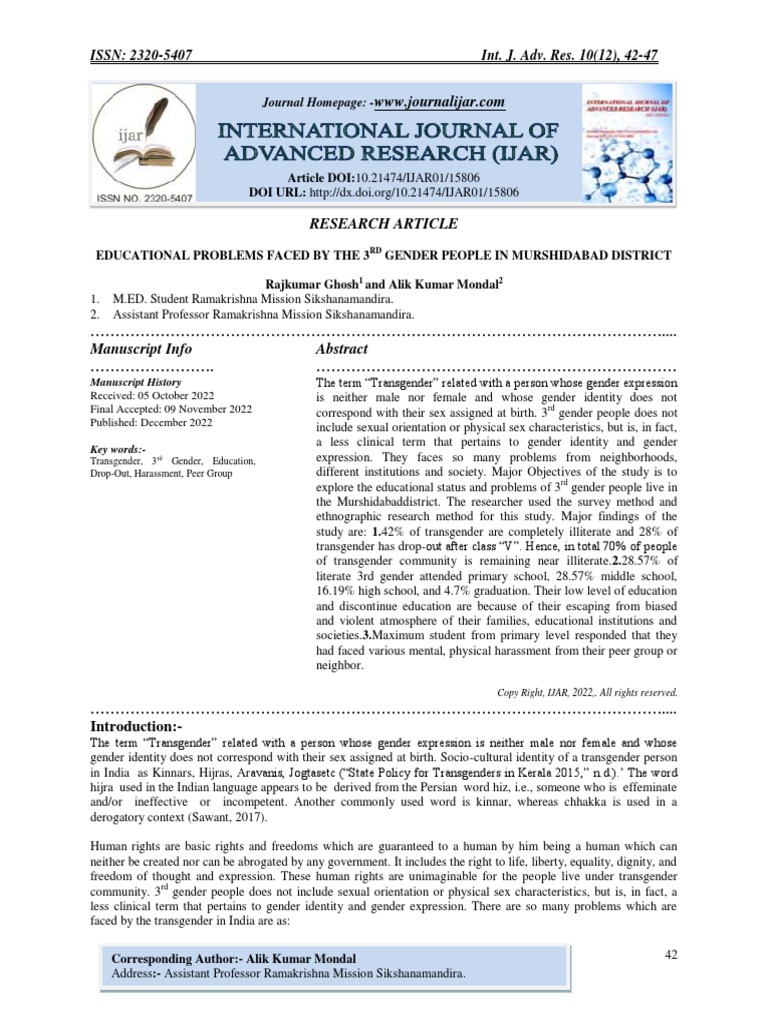 Educational Problems Faced by The 3RD Gender People in Murshidabad ...