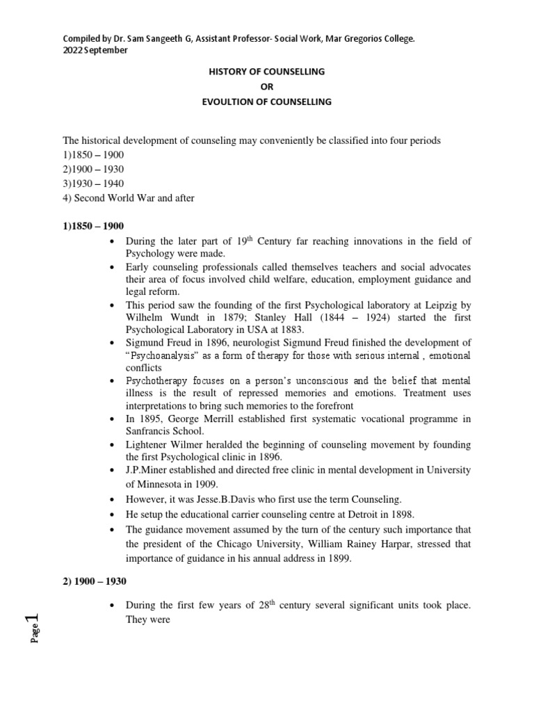 History of Counselling | PDF | Psychotherapy | Psychology