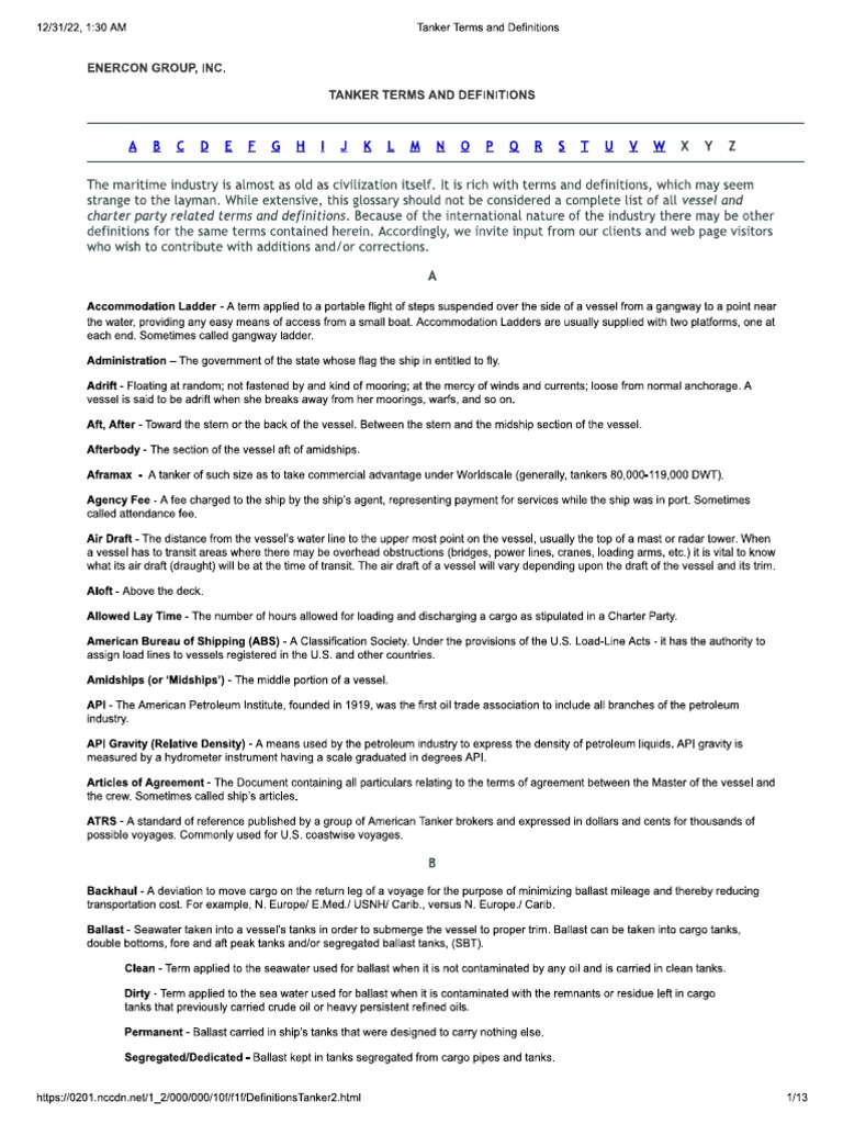 Tanker Ship Terminology | PDF