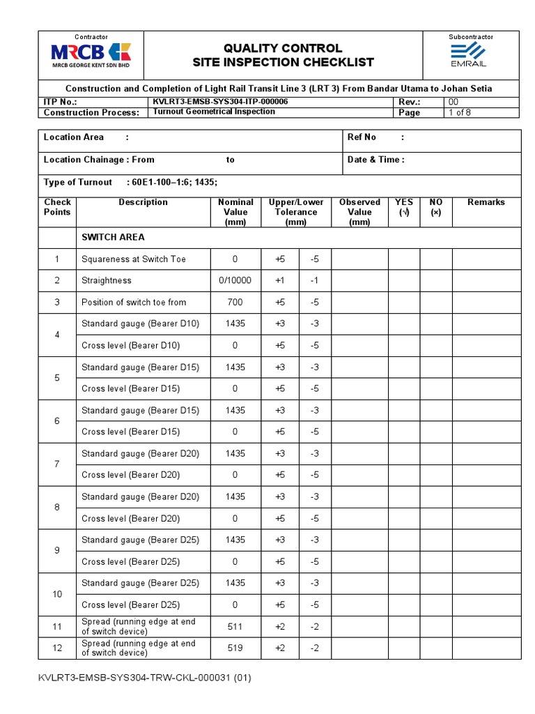 LRT 3 Turnout Inspection Checklist | PDF | Transportation Engineering ...