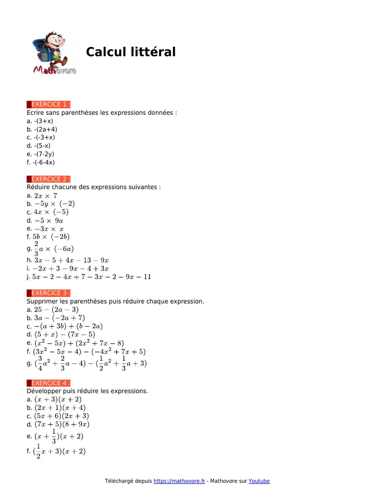 Calcul Litteral Exercices de Maths en 4eme Corriges en PDF | PDF | Zone ...
