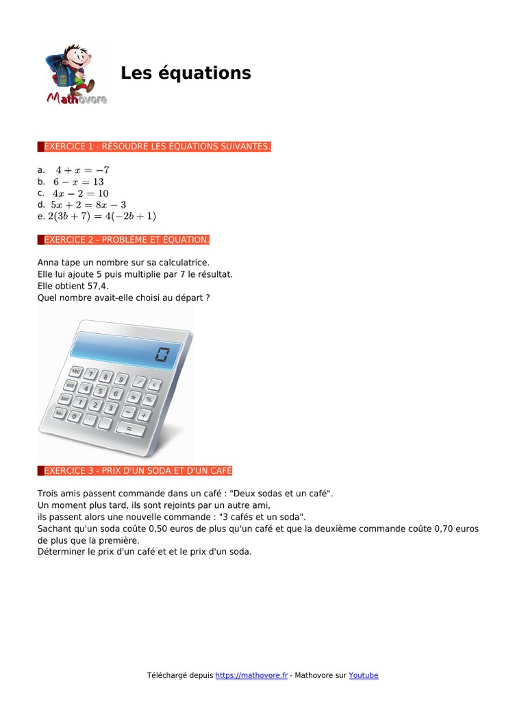 Exercices Corrigés sur les Équations 4ème | PDF | Mathématiques ...