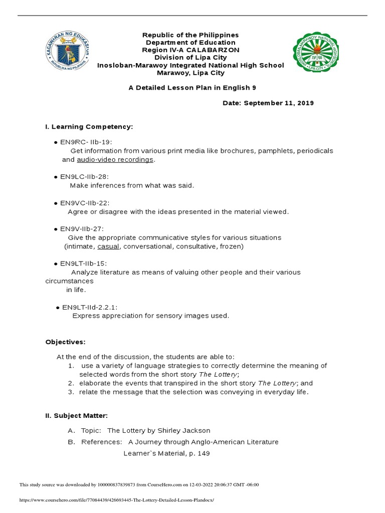 Lesson Plan for "The Lottery" in Grade 9 | PDF | Senses