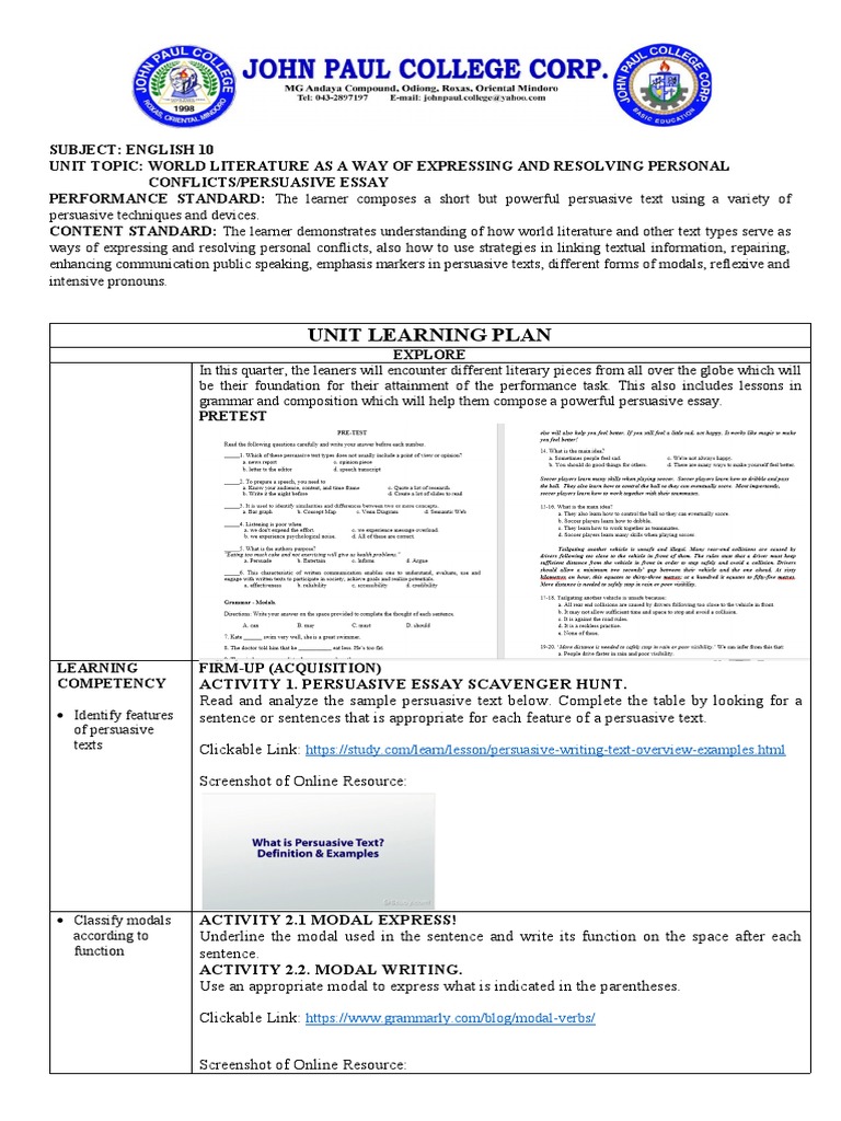 Unit Learning Plan 1ST Quarter | PDF | Learning | Essays
