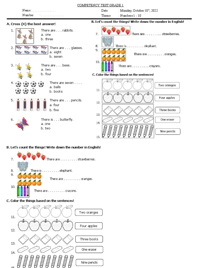 COMPETENCY TEST Grade 1 Number 1-10 | PDF