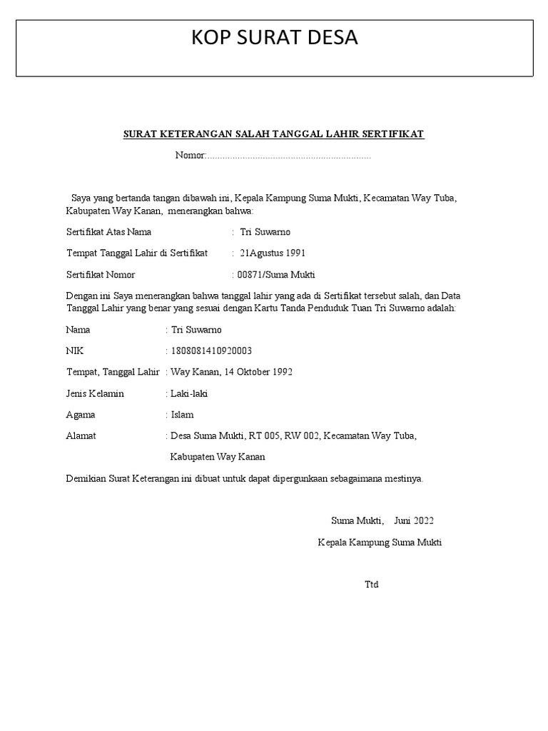 Surat Keterangan Tanggal Lahir | PDF