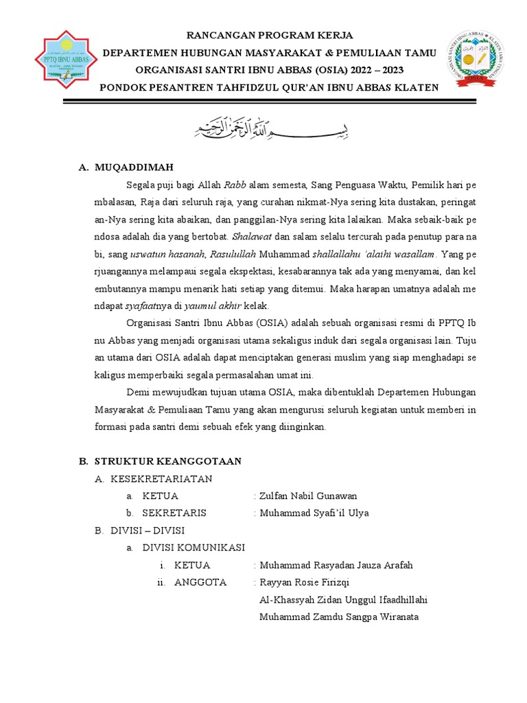 Rancangan Program Kerja Departemen Hubungan Masyarakat & Pemuliaan Tamu ...