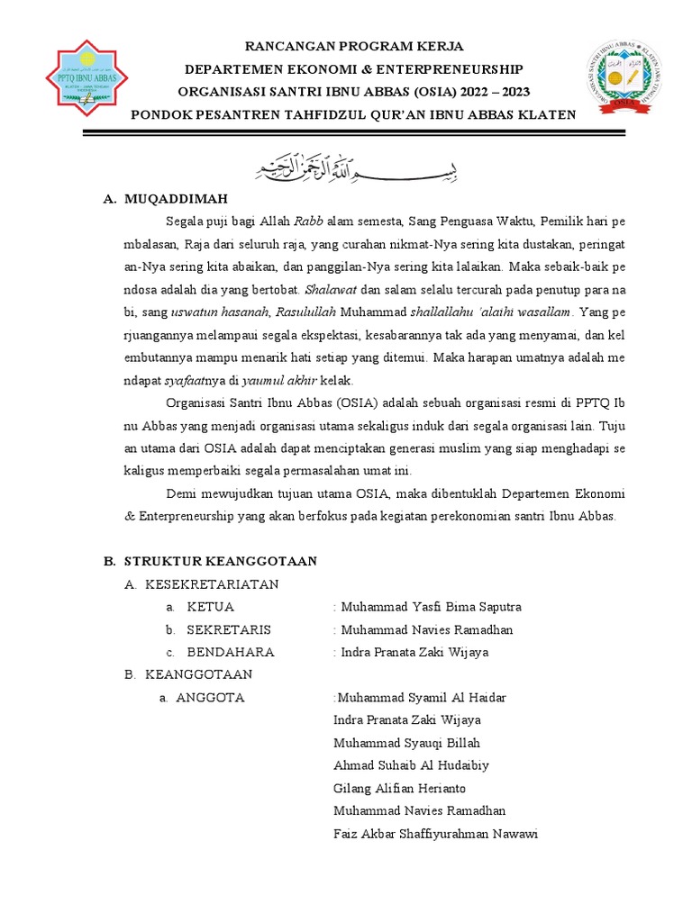 Rancangan Program Kerja Departemen Ekonomi & Enterpreneurship | PDF