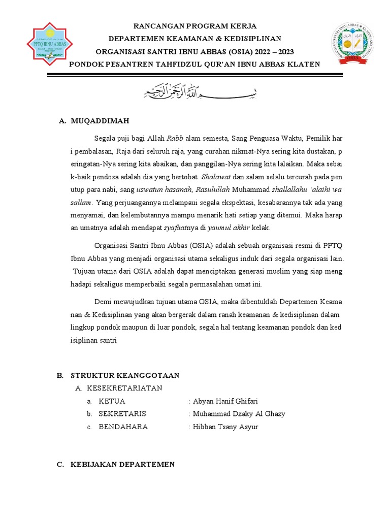 Rancangan Program Kerja Departemen Keamanan & Kedisiplinan | PDF ...