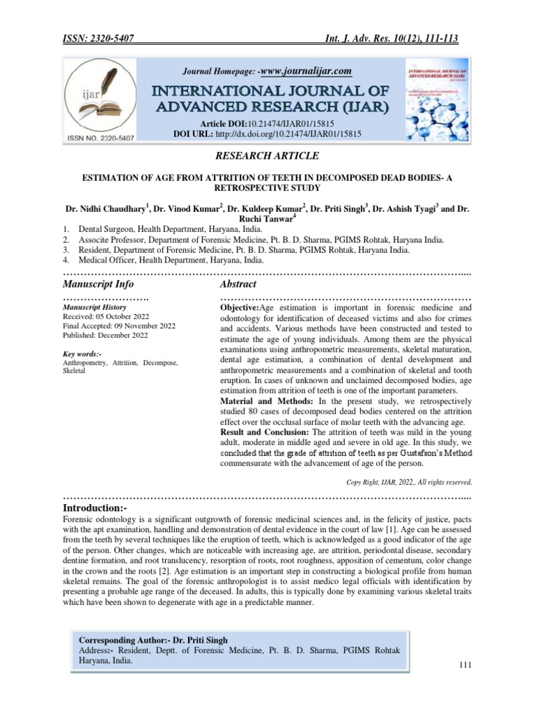 ESTIMATION OF AGE FROM ATTRITION OF TEETH IN DECOMPOSED DEAD BODIES- A ...