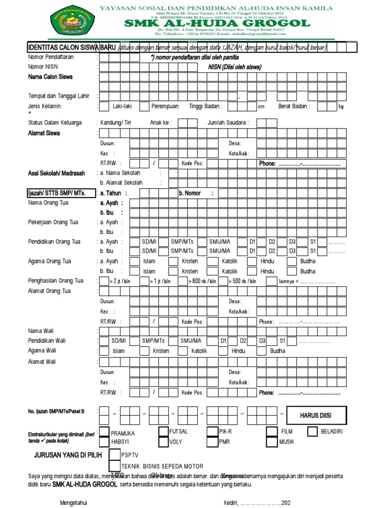 Formulir Pendaftaran Siswa Baru SMK | PDF