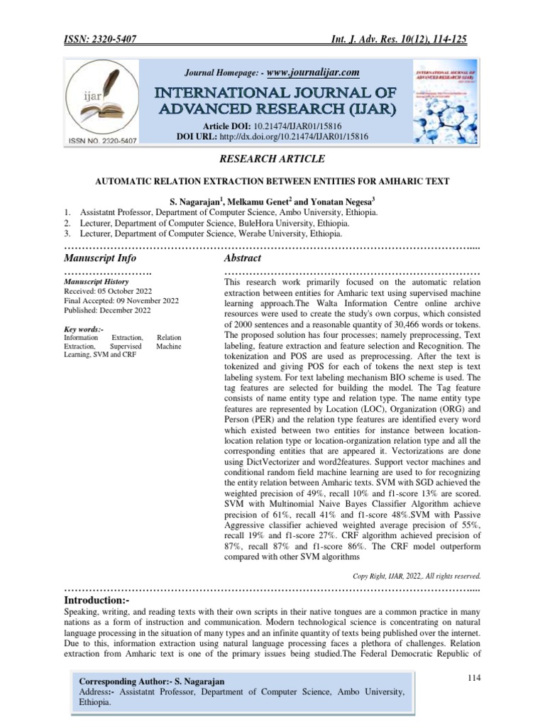 Automatic Relation Extraction Between Entities For Amharic Text | PDF ...