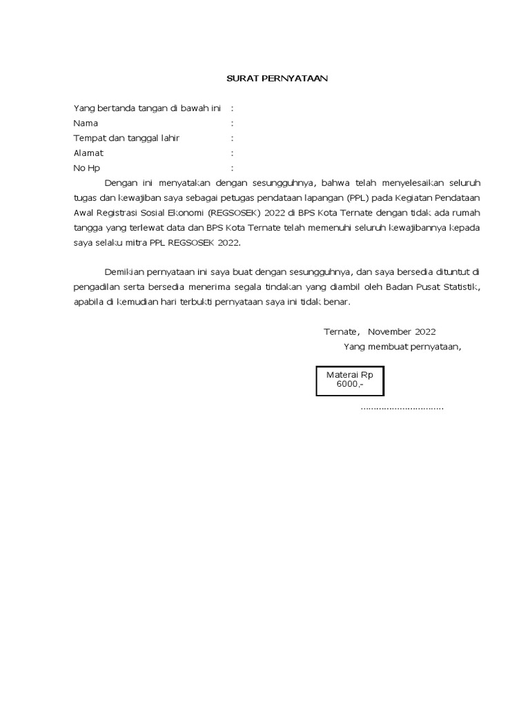 Surat Pernyataan PPL REGSOSEK 2022 | PDF